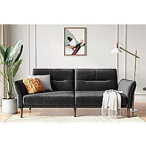 LINSY HOME Futon Sofa Bed, Velvet Sleeper Sofa with Mattress and Frame, Memory Foam Futon Couch for Small Spaces, Living Room, Dark Grey