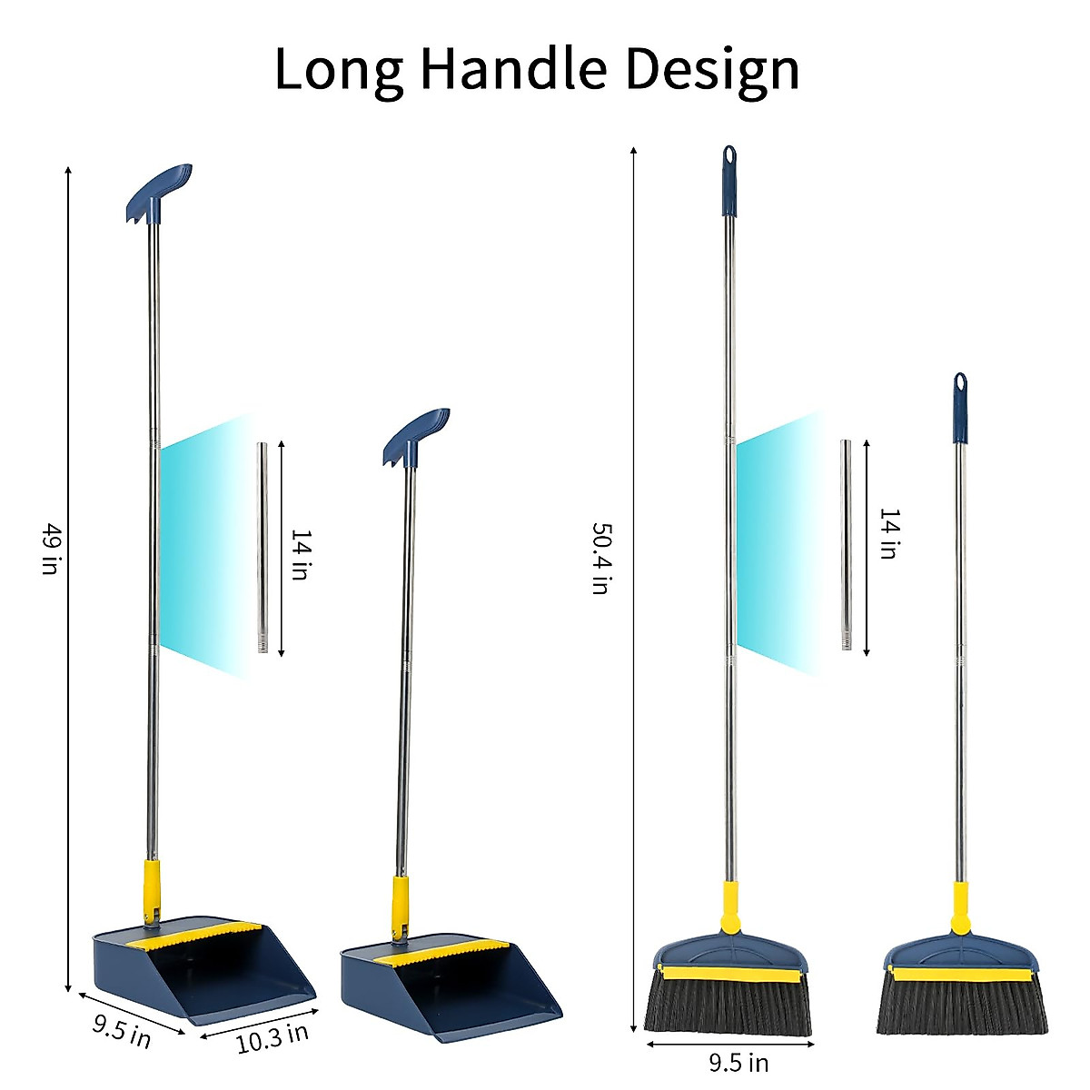 Broom and Dustpan Set,2 in 1 Broom Brush with Dustpan Combo Set, Upright 180°Rotating Broom with Long Handle and Lightwight Dust Pans for Home Kitchen Room Office Lobby Floor Cleaning，Blue