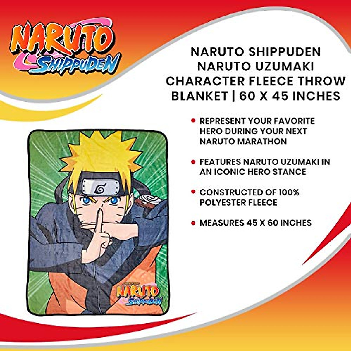 JUST FUNKY Naruto Shippuden Naruto Uzumaki Character Fleece Throw Blanket | Features Naruto Performing A Jutsu Attack | 60 x 45 Inches