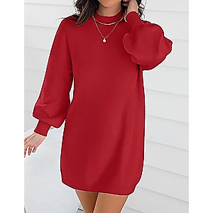 ZESICA Women's 2023 Fall Turtleneck Sweaters Dress Oversized Long Lantern Sleeve Casual Knit Pullover Short Dresses,Red,Small