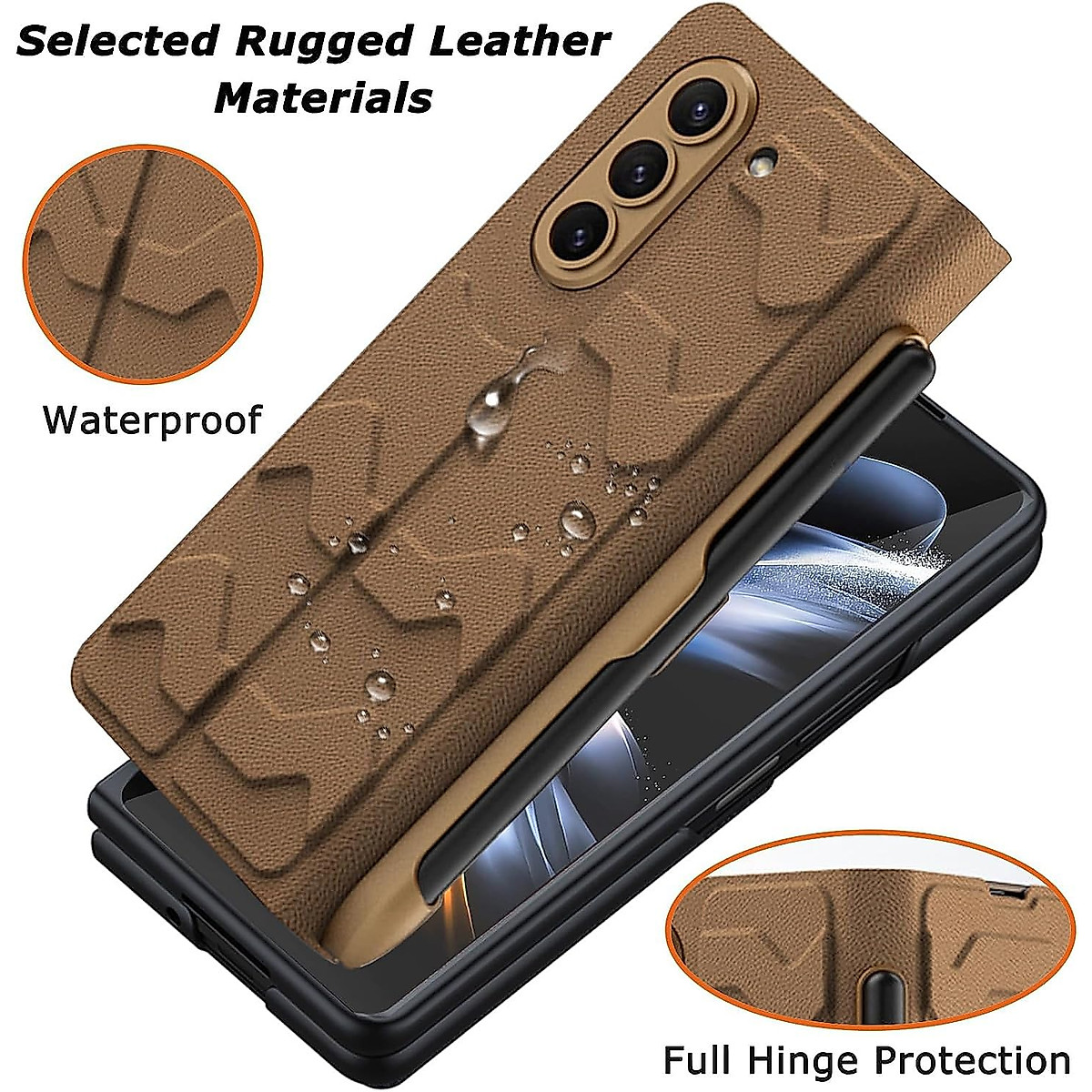 EKSED Leather Case for Samsung Galaxy Z Fold 5 Stand Case with Card Slot & Screen Protector,360° Full Body Hinge Protection Leather Cover Wallet Case for Galaxy Z Fold 5 5G Phone Case Brown
