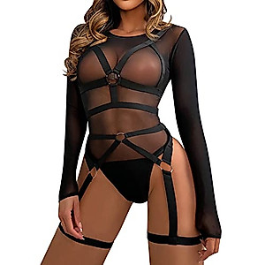 Sexy Lingerie for Women Naughty Sex Exotic Plus Size Strappy Tops and Thong Set Nightwear Nightie Cut Out Push Up Mesh Sheer Lace Nighty Sleepwear Outifits Babydolls Neligee Black Large