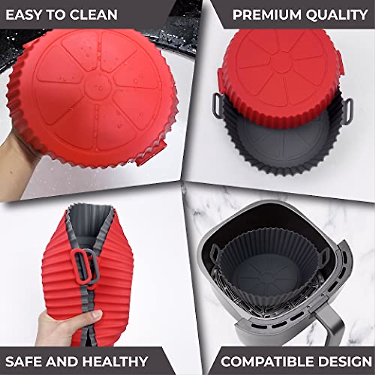 Air Fryer Silicone Liners Set of 2 Air Fryer Liners Pot Reusable Silicone Liners for Cooking, Baking, Oven Safe Replacement of Flammable Parchment Liner paper Grey+Red (Top 8 in, Bottom 6.8in)