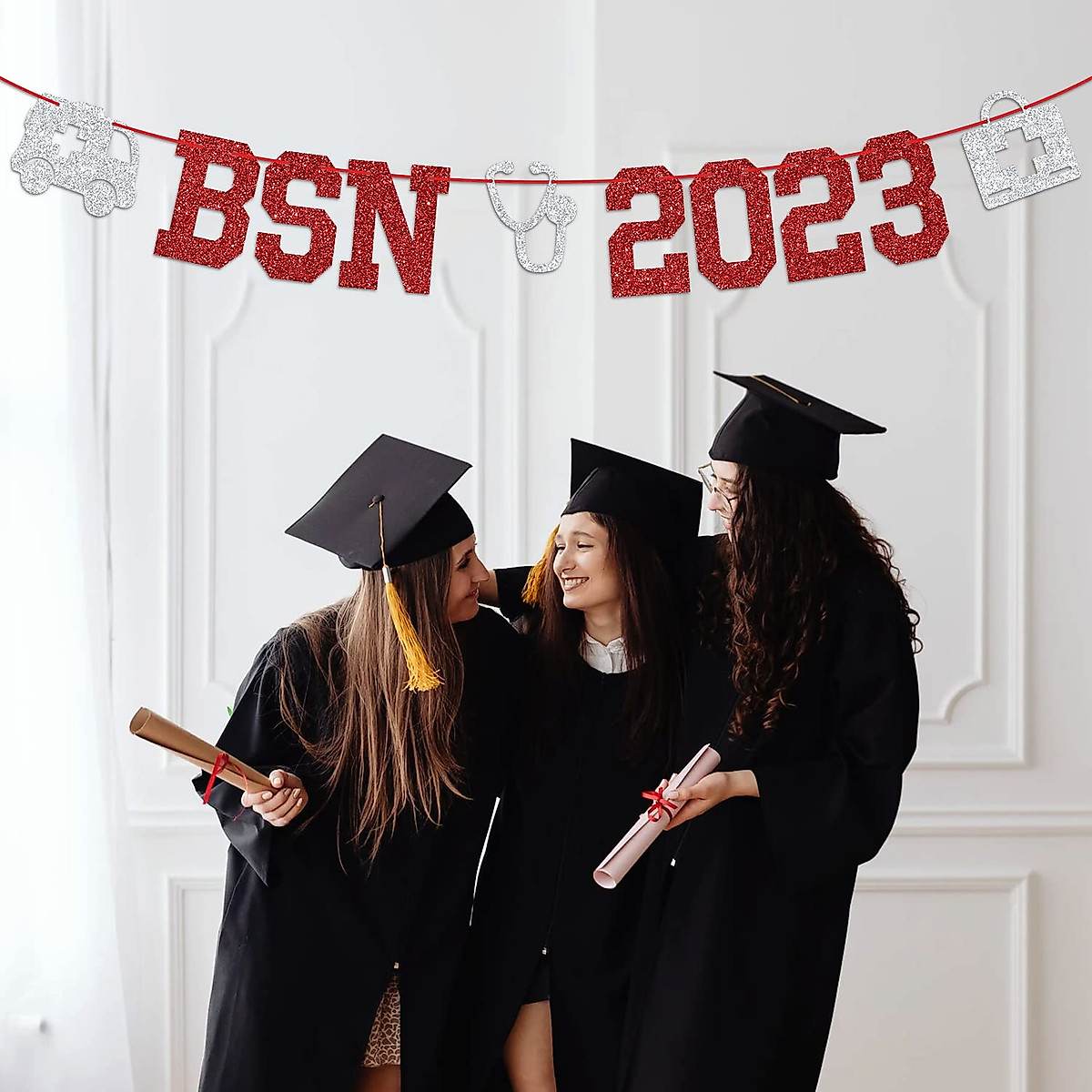 BSN 2023 Banner - Nurse Graduation Bunting Sign, Future Nurse, Medical School Graduation Party Decorations - Red and Silver Glitter