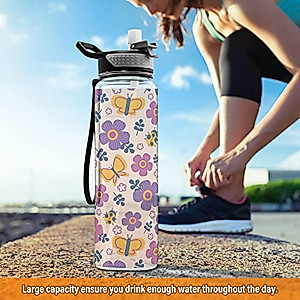 Wusikd Flowers Butterflies Water Bottle Tritan BPA-Free Drink and Straw Leakproof Motivational Ladybug Drinking Water Bottles with Carrying Strap for Office, Gym, Outdoor Sports