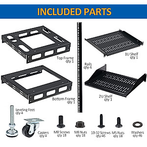 Tedgetal 20U Open Frame Rack for Servers & AV Gear - Wall Mountable Design Includes 2X Vented Shelves, 4X Leveling Feet, 4X Casters