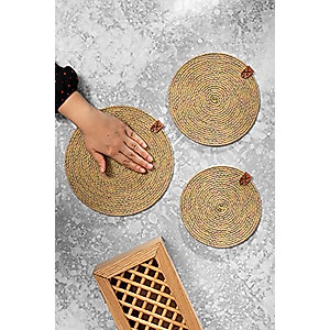 Round Natural Jute Rope Set of 3 Trivet Mats Pot Holder Hot Pads Plate Holder Coasters (Greenish Thread)