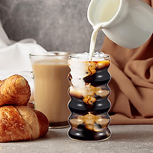 Tessco 4 Pcs Creative Glass Cups Vintage Drinking Glasses Ribbed Glassware Aesthetic Cups Entertainment Dinnerware Glassware with Straws Set for Kitchen Coffee Juice Beverage (Clear,16 oz)