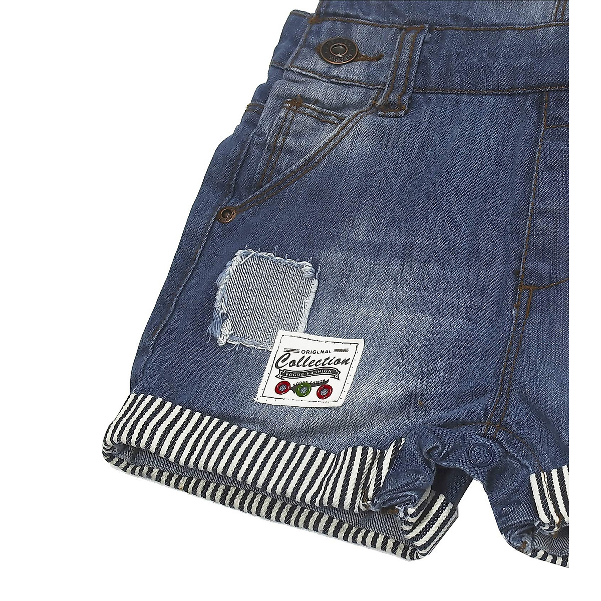 KIDSCOOL SPACE Baby & Little Boys Big Bib Pocket Stripe Cuffed Bottom Denim Shortalls,Blue,2-3 Years