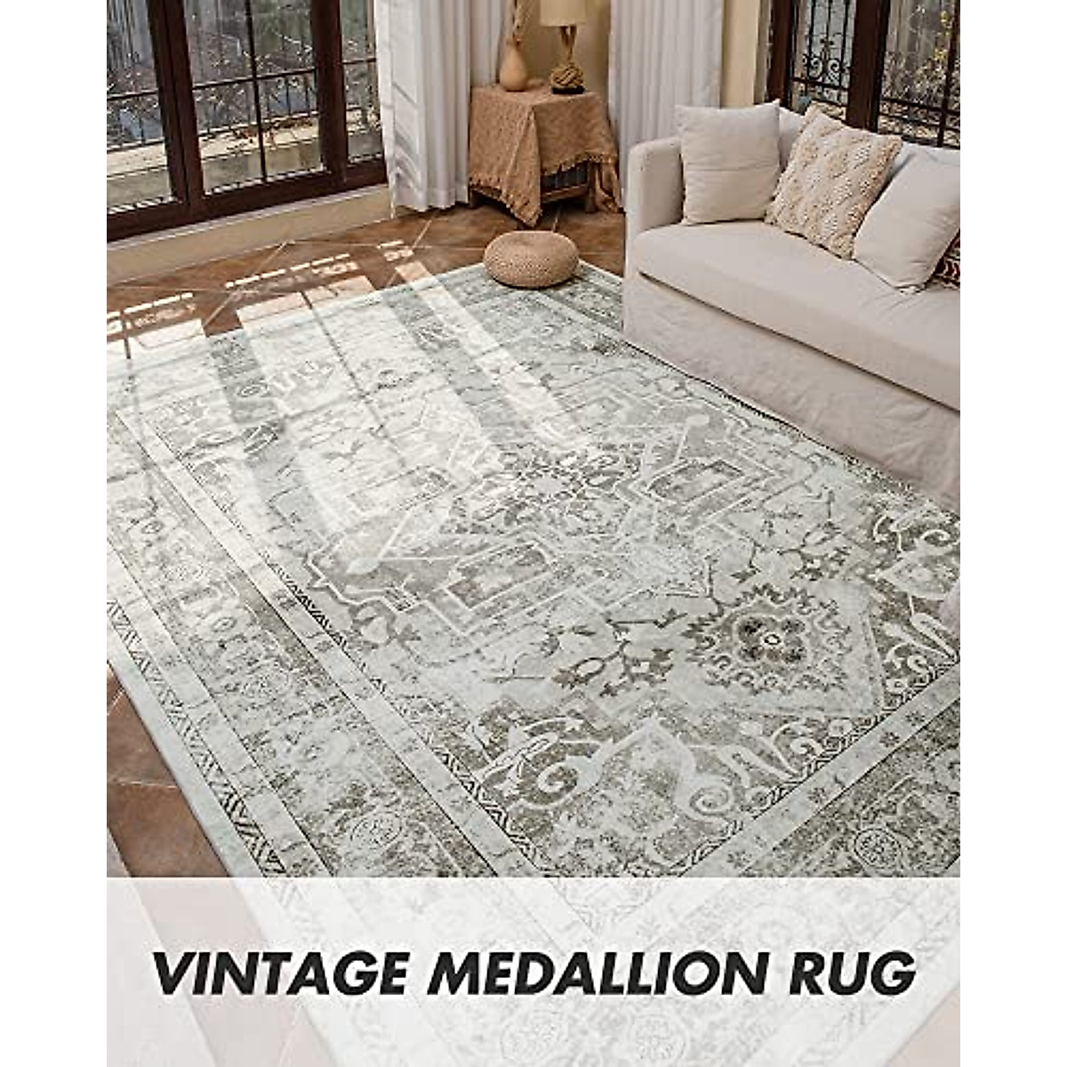 Rugs for Living Room 5x7 feet-Area Rug Carpet-Distressed Vintage Medallion Bedroom Rug Dining Living Room Rug-Aesthetic Machine Washable Rug TP Backing-Grey