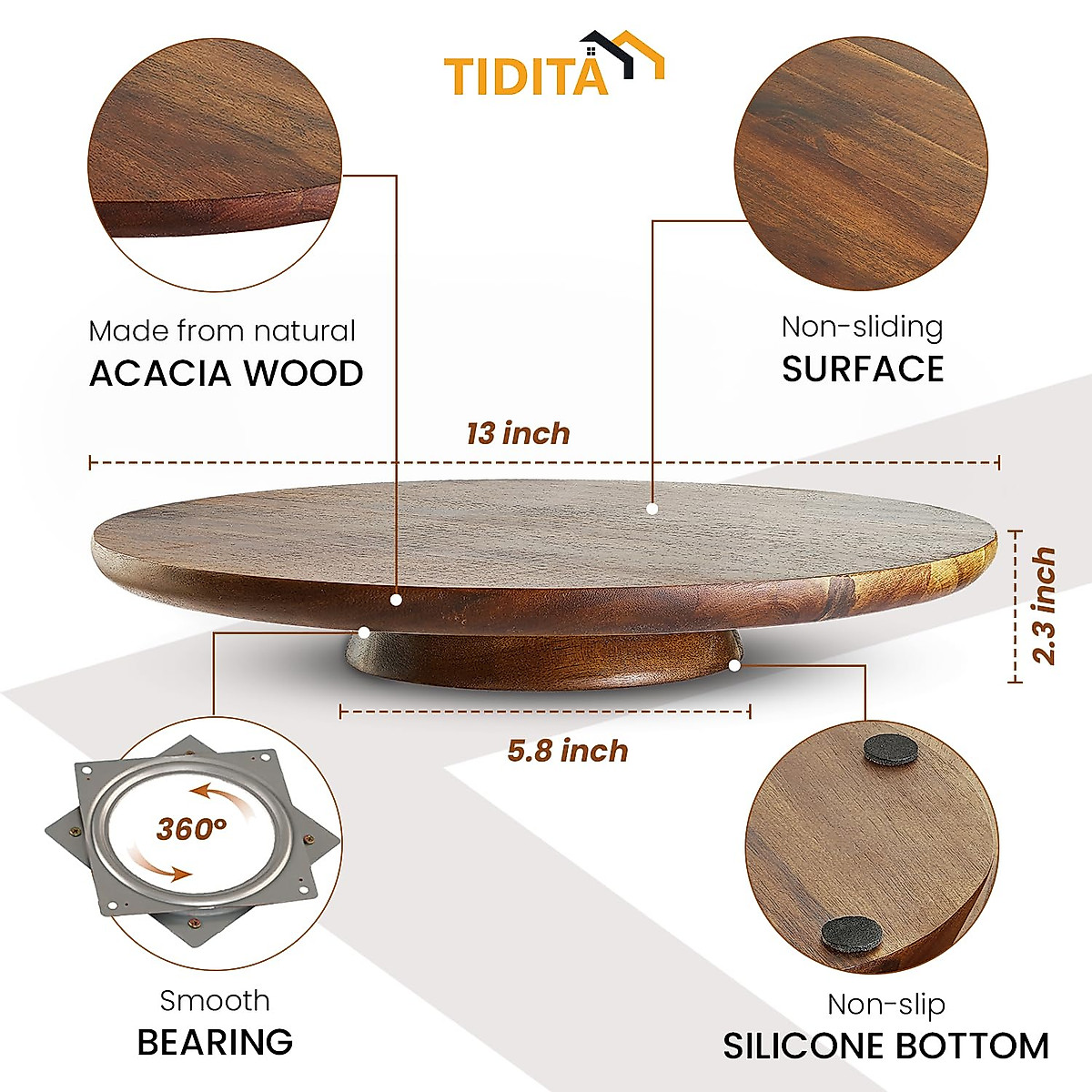 13" Acacia Cake Stand Rotating – Rustic Wood Pedestal Stands Turntable with 2 Icing Spatulas, 3 Smoothers – Wooden Spinning Cake Decorating Serving for Cupcake Dessert Display in Party, Wedding