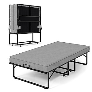 SKKTKT Folding Bed with Mattress, 75" x 39" Twin Size Bed Frame, Portable Foldable Roll Away Adult Bed for Guest, Platform Bed with Fold-up Metal Frame for Bedroom, Living Room, Dorm