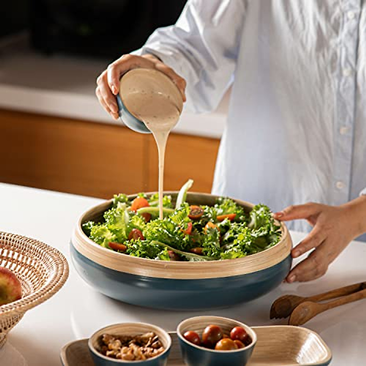 Kiwi Homie 11.81" Spun Bamboo Fruit Bowl, Bamboo Salad Bowl, Modern Large Serving Bowl, Decorative Bowl for Kitchen, Party, BBQs, Natural Handicrafted Bamboo Bowl (Blue)