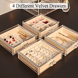 WMM Acrylic Jewelry Organizer Box, Clear Earring Jewelry Organizer Hanging Boxes with 4 Velvet Drawers, Birthday and Christmas Gift, Clear Acrylic Jewelry Box for Earrings Ring Bracelet Necklace
