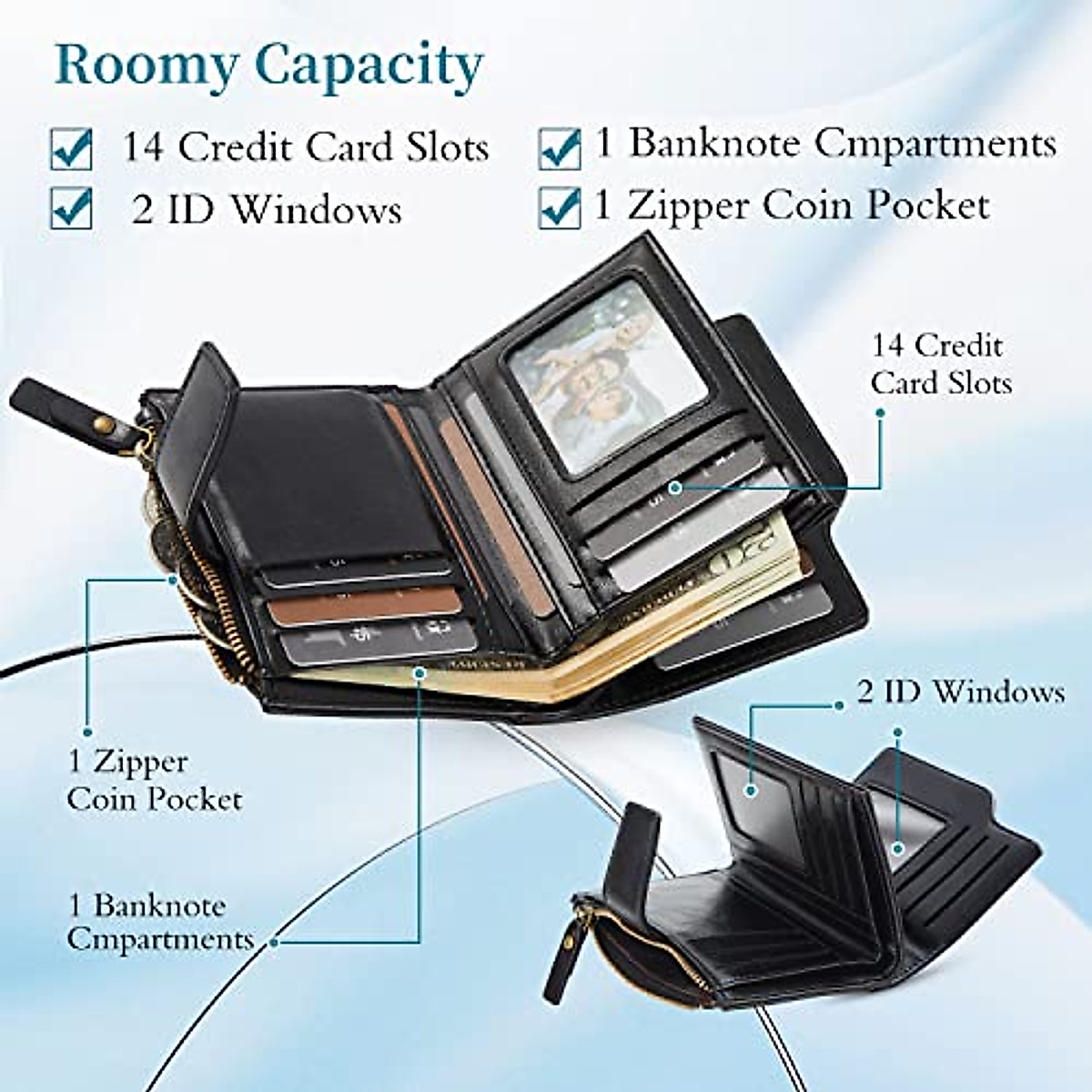 GSG Small Womens Wallet Leather Credit Card Holder, RFID Blocking Bifold Ladies Pocket Wallet with Zipper Coin Pocket, Black