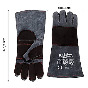 RAPICCA Animal Handling Gloves Bite Proof Double Leather Reinforced Padding Dog,Cat Scratch,Bird Handling Falcon Gloves Grabbing Reptile Squirrel Snake Bite 16in Grey-Black