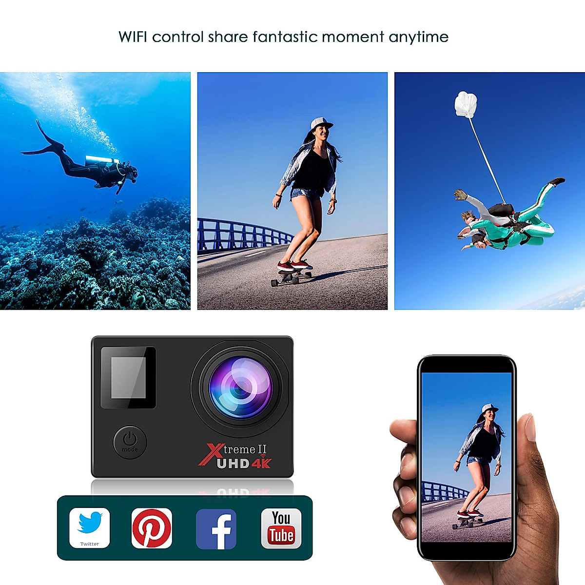 CAMWORLD Action Camera 4K 30FPS WiFi Ultra HD 4X Zoom PC Webcam Sports Underwater 30M Waterproof 170° Wide Angle Lens with Remote Control, 2 Batteries and Mounting Kit
