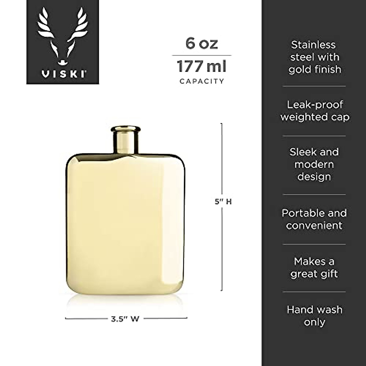 Viski Gold, Stainless Steel Screw Top 14K Plated Liquor Flask for Women and Men, 6 Ounces, Set of 1