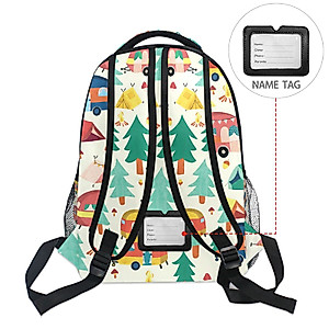 Camper Caravans and Tents in Forest Custom School Backpack for Boys Girls, Personalized Name Elementary School Bookbag Travel Bag Daypack