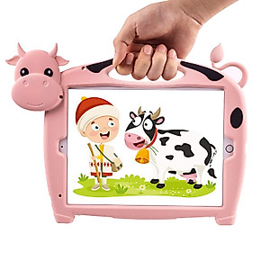 Kids Case for New iPad 9th/8th/7th Generation, iPad 10.2 2021 2020 2019 Case, CHIN FAI Cute Cow Slim Lightweight Shockproof Silicone Handle Stand Protective Cover for iPad 10.2/10.5 Inch (Pink)