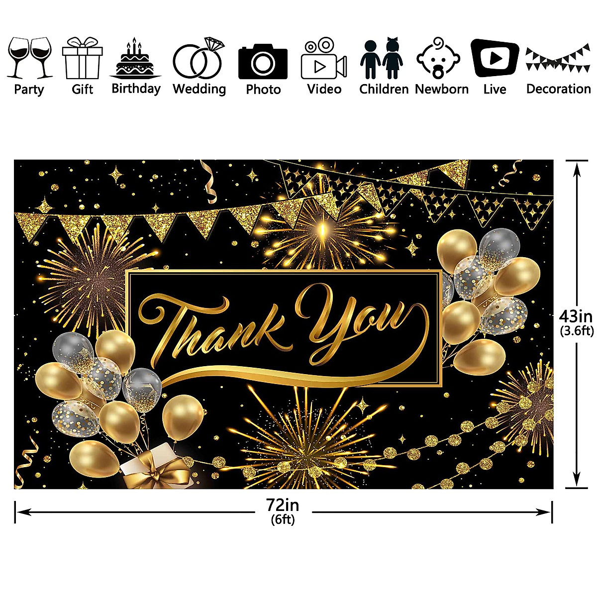 YCUCUEI 72x43inch Black Golden Thank You Backdrop Employee Appreciation Banner Thanks to Staff Teachers Professors Doctor Nurses Party Decorations Photo Booth