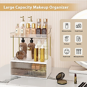 Webetop Bathroom Counter Organizer, Large Makeup Organizer Countertop, Multi-Purpose Vanity Organizer Countertop with 2 Drawers for Storage, Cosmetics, Perfume, Toiletry (Amber)