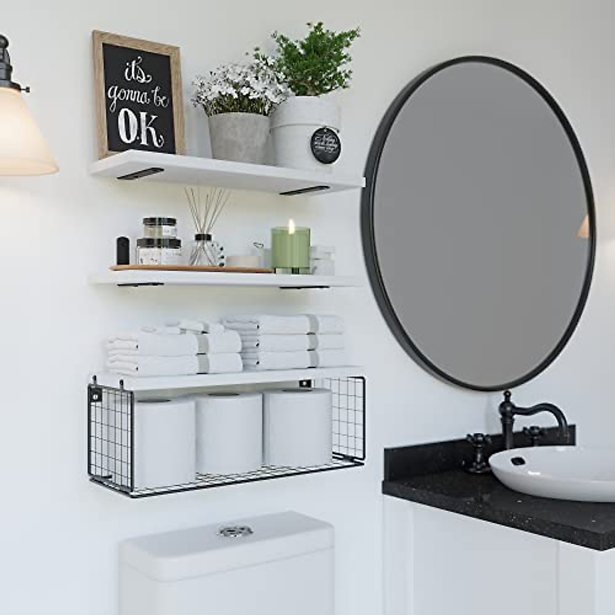 WOPITUES Bathroom Shelves Over Toilet, Floating Wall Mounted with Wire Basket, Wood Floating Shelf for Wall Décor, Bathroom Wall Décor Shelves–White