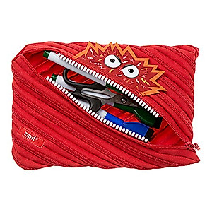 ZIPIT Talking Monstar Large Pencil Case, Holds Up to 60 Pens, Made of One Long Zipper! (Red)