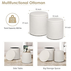 OGEMXU 2 Set Round Ottoman with Storage, Boucle Teddy Ottoman Vanity Stool, Storage Ottoman for Bedroom Living Room, Modern Multifunctional Foot Rest Stool for Bedroom, Living Room, Dorm (White)