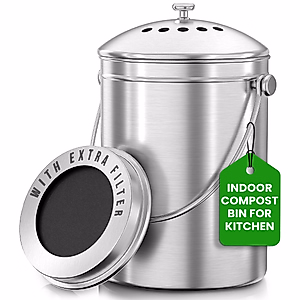 Utopia Kitchen Compost Bin for Kitchen Countertop - 1.3 Gallon Compost Bucket for Kitchen with Lid - Includes 1 Spare Charcoal Filter (Silver)