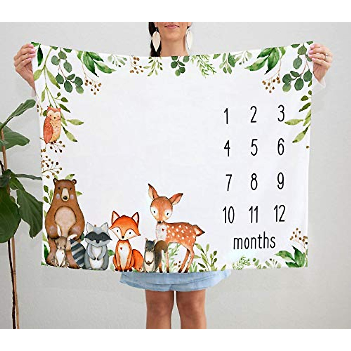 Yuzioey Woodland Baby Monthly Milestone Blanket, Woodland Animals Baby Growth Chart Monthly Blanket, Watch Me Grow Baby Woodland Forest Nursery for New Moms Baby Shower, Includes Marker (50"x40")