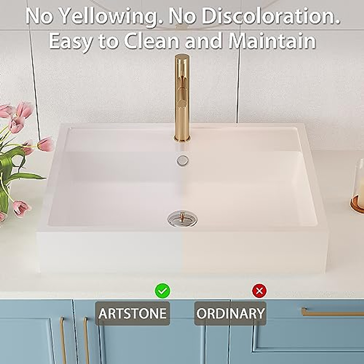 ARTSTONE 23.6 x 18.5 inch Bathroom Vessel Sink with Pop-up Drain Combo Above Counter, Stone Resin Rectangle Bathroom Sink with Overflow, Vanity Countertop Bowl Sink Washing Basin, White