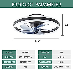 monard Ceiling Fans with Lights, 19.7" Low Profile Flush Mount Ceiling Fan with Remote Control, Small Ceiling Fan with Dimmable Led Lights for Bedroom, Bladeless, APP Control(Black)