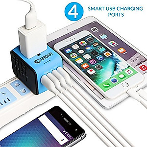 Unidapt Universal Travel Adapter, International Plug Adapter Fast 2,4A 4-USB European Power Plug, AC Wall Charger – Worldwide Outlet for Europe US USA UK EU AUS, Blue
