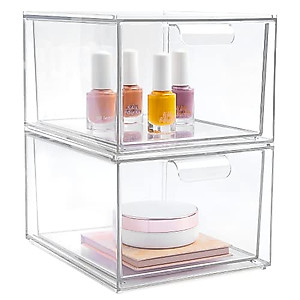 Vtopmart 2 Pack Stackable Makeup Organizer Storage Drawers, 4.4'' Tall Acrylic Bathroom Organizers，Clear Plastic Storage Bins For Vanity, Undersink, Kitchen Cabinets, Pantry Organization and Storage