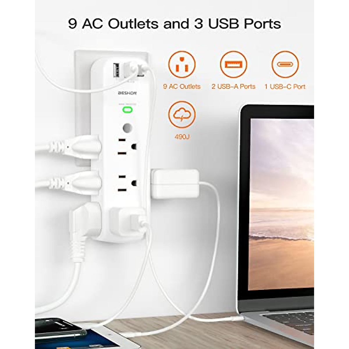 Outlet Extender, Multi Plug Outlet, 9AC Surge Protector with 3 USB Ports(1 USB C Outlet), Wall Plug Expander, USB Wall Charger Outlet Splitter, Compact for Travel, Home, Dorm Room, and Office…