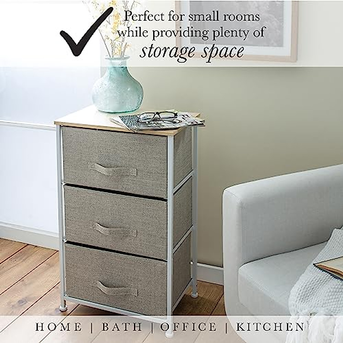 Simplify 3 Tier Vertical Storage Chest | Dresser | Nightstand | Fabric Drawers | Sturdy Steel Frame | Organizer | Bedroom | Closet | Easy to Assemble | Beige