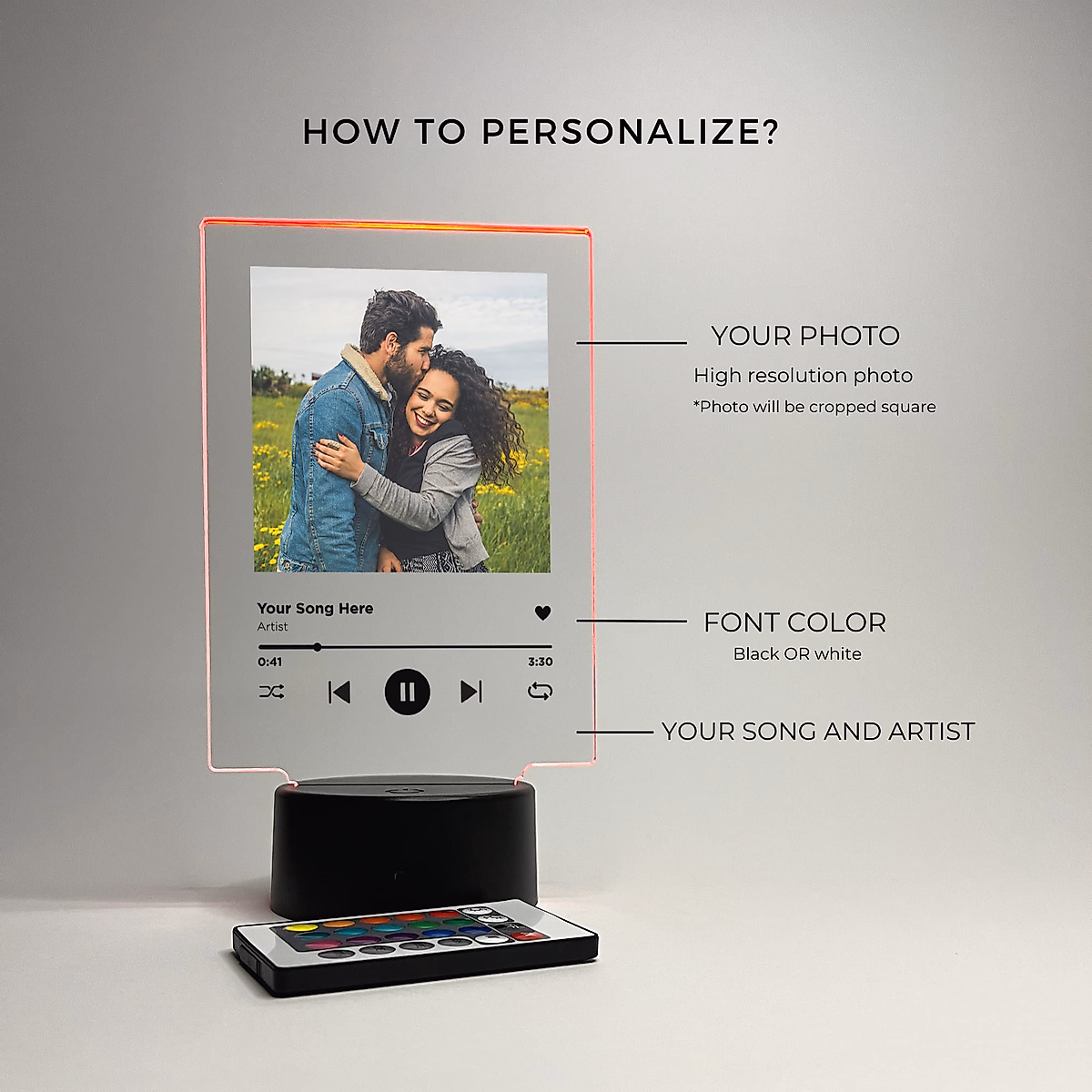 Custom Personalized Photo Song Framed Lyrics Music Scannable Code Album Cover Picture LED Light Up Stand Anniversary Wedding Couple Girlfriend Boyfriend Family Lamp 16 Color Options & Remote