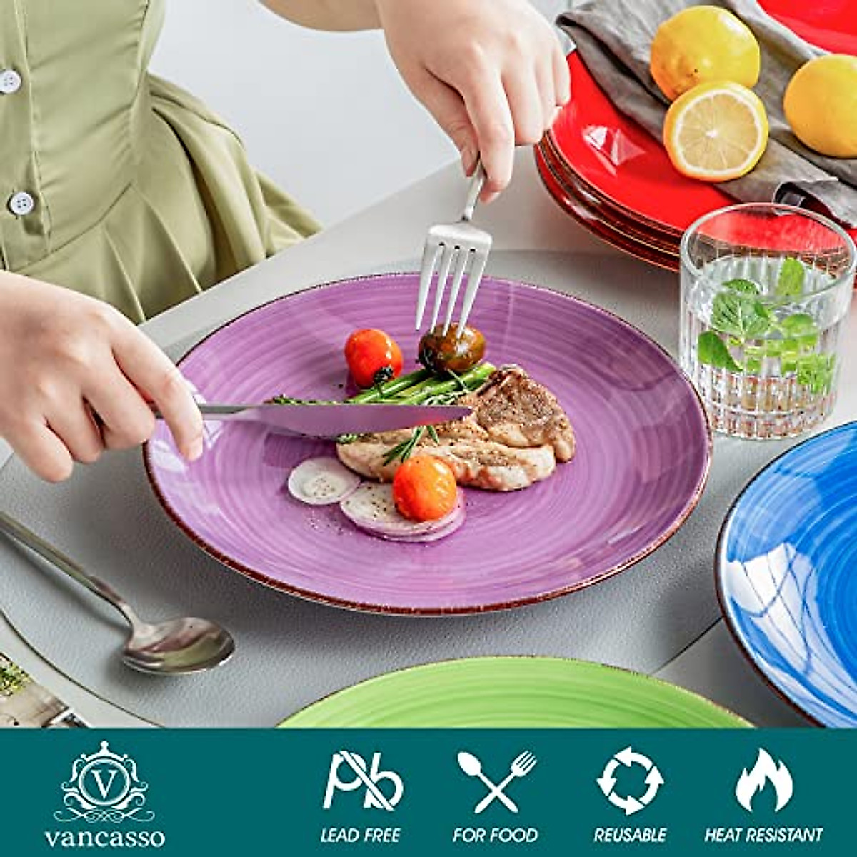 vancasso Bonita Muticolour Dinner Set- 18 Pieces Stoneware Dinnerware Set for 6, Handpainted Spirals Pattern Ceramic Combination Set with 10.5in Dinner Plate, 7.7in Dessert Plate and 750ml Soup Bowl