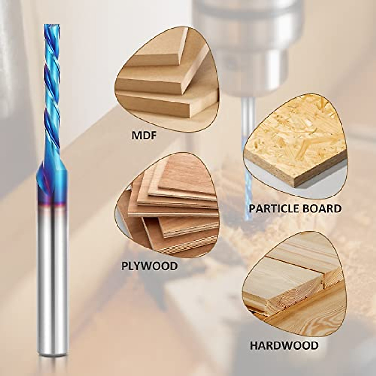 HQMaster 5 Pcs Spiral CNC Router Bits Set Down Cut 1/4” Shank Solid Carbide Spiral Downcut CNC Bits with Nano Blue Coating End Mill for Wood Cut Carving Engraver 1/8" Cutting Dia.