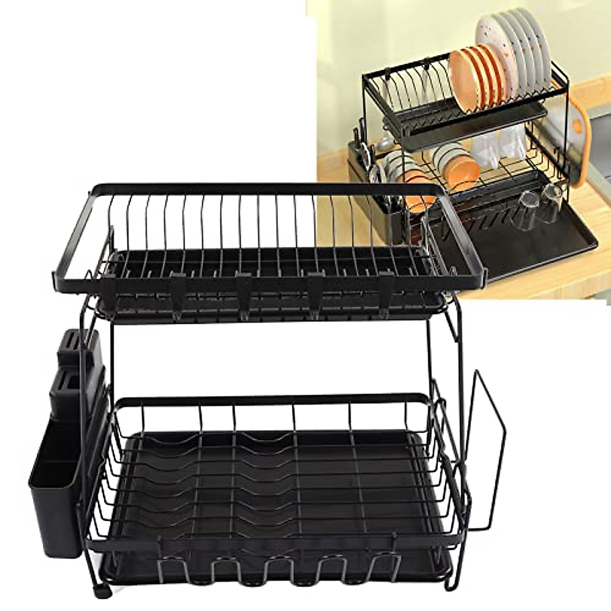 Jeanoko Dish Drying Rack, Black Dish Racks 2 Tier Rust Prevention for Kitchen