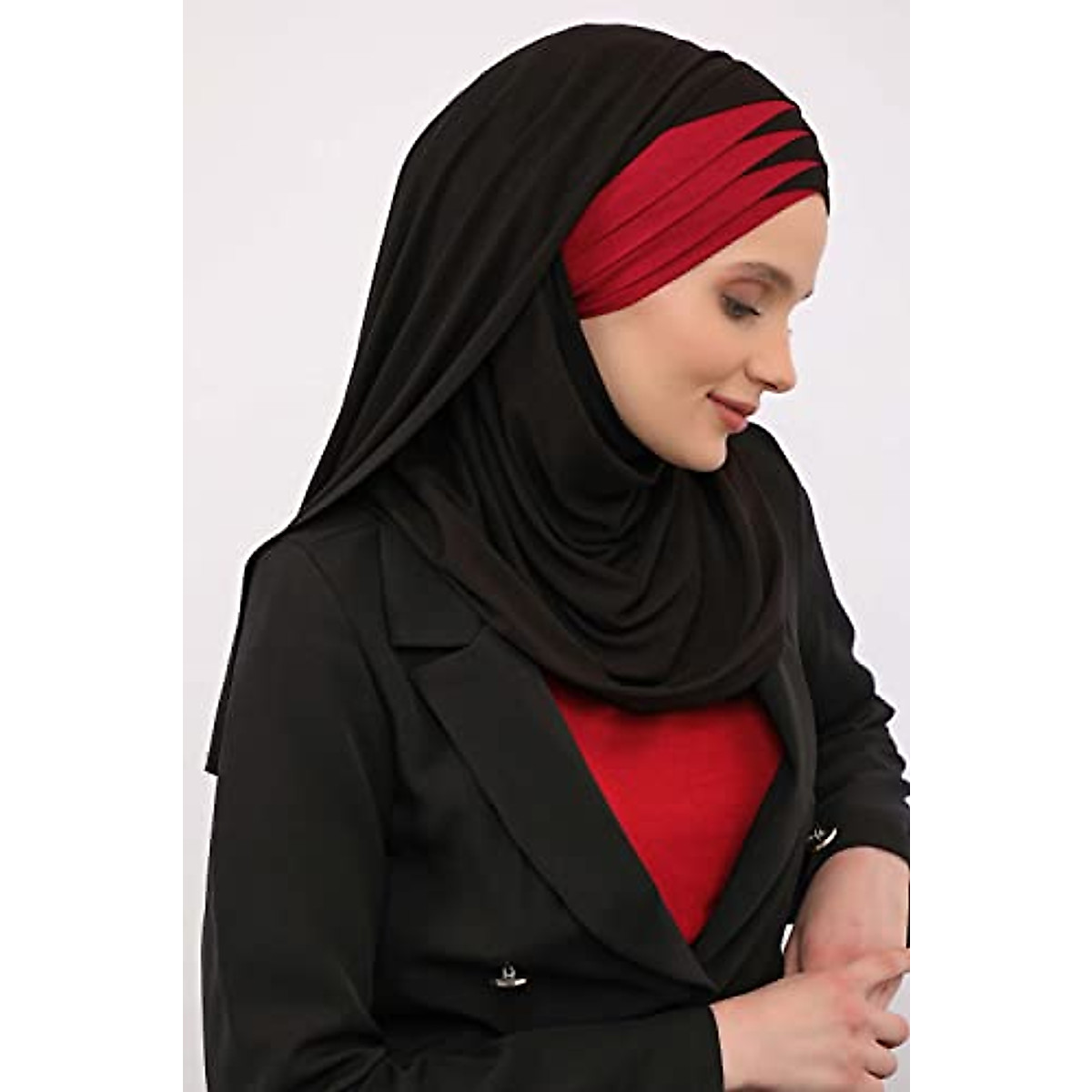 Aisha's Design Hijab Muslim Scarves for Women,0 Cotton Presewn Jersey Shawl Turban, 2-Color, Black - Dark Red