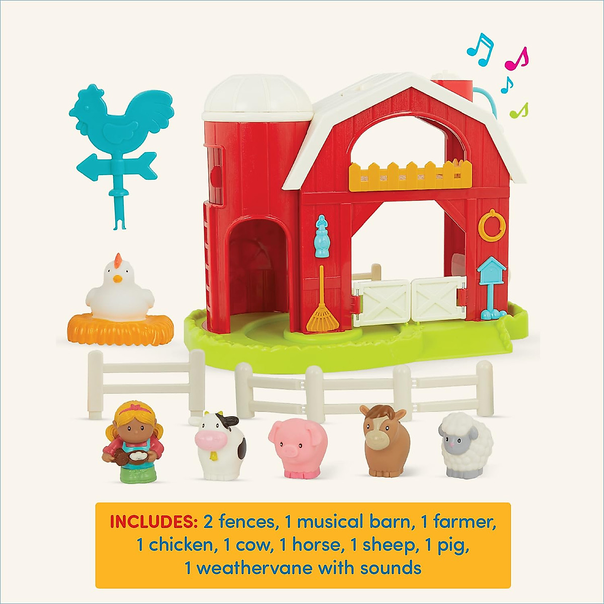 Battat – Farm Animal Toys – 10Pc Toy Farm Set For Kids, Toddlers – Toy Barn & Farm Animals – Music & Animal Sounds – Pretend Play Toy – Musical Farm Playset