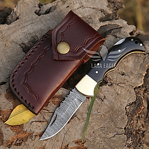 Lara Eagle Damascus Pocket Knife for Men - 133 Layer Solid Steel Handmade Folding Hunting Knives with Sharpner and Leather Pouch - Best Knife for Camping Hunting Hiking - Father’s Day Gifts for Men Husband Dad (Buffalo Horn Handle)