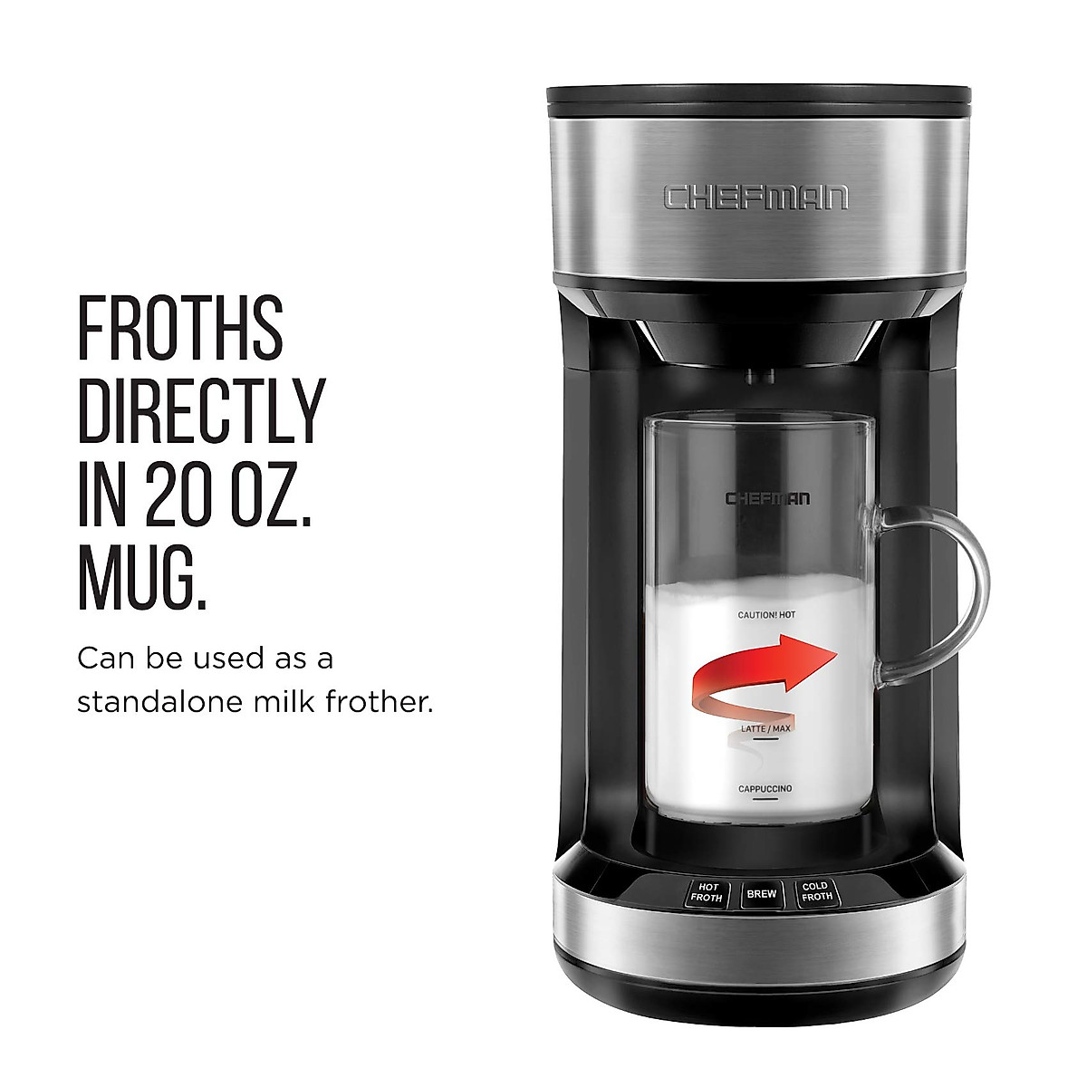 Chefman Froth + Brew Coffee Maker and Milk Frother Single Serve Brewer for K-Cup Pods & Grounds for Latte and Cappuccino Style Drinks, Compact 20 oz. Glass Mug and Reusable Filter Included, 21 oz