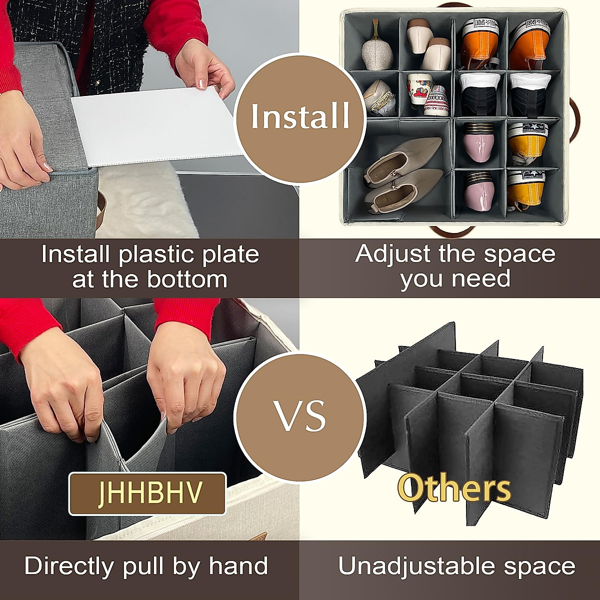 LZOTIC Shoe Organizer for Closet, Adjustable Shoe Box Storage Containers, Large Foldable Shoe Storage Bins with Clear Cover, Space Saving Shoes Holder with 4 Handles, Fits 8-16 Pairs, 1 Pack, Beige