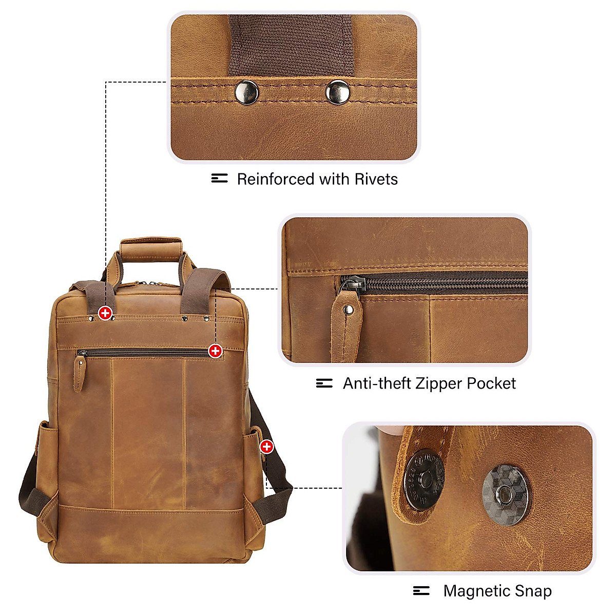 Full Grain Cowhide Leather Multi Pockets 16 Inch Laptop Backpack Travel Bag with YKK Zippers