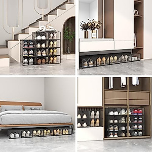 Pinkpum 12 Pack Shoe Storage Boxes, Shoe Organizer for Closet X-Large, Black Clear Plastic Stackable Sneaker Storage Containers Bins with Lids, Clear Shoe Display Case Containers, Fit for Size 11