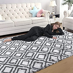 Iplusmall Area Rugs for Living Room Bedroom, 5x8 Feet Modern Shag Rug, Fluffy Large Nursery Rug, Plush Accent Rugs for Girls Kids Room,Baby Nursery Decor,Geometric Rug,Trellis Rug,Floor Rug White