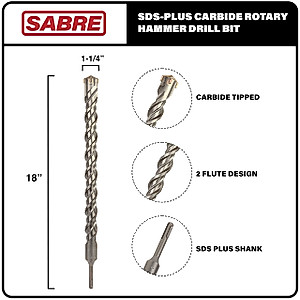 Sabre Tools 1-1/4 Inch x 18 Inch SDS Plus Rotary Hammer Drill Bit, Carbide Tipped for Brick, Stone, and Concrete (1-1/4" x 16" x 18")